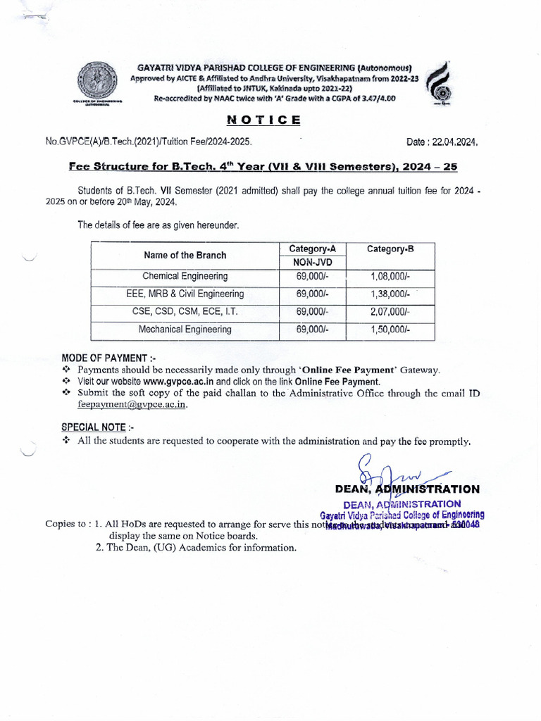 Fee Notice For IV Year, 2024-25 | PDF