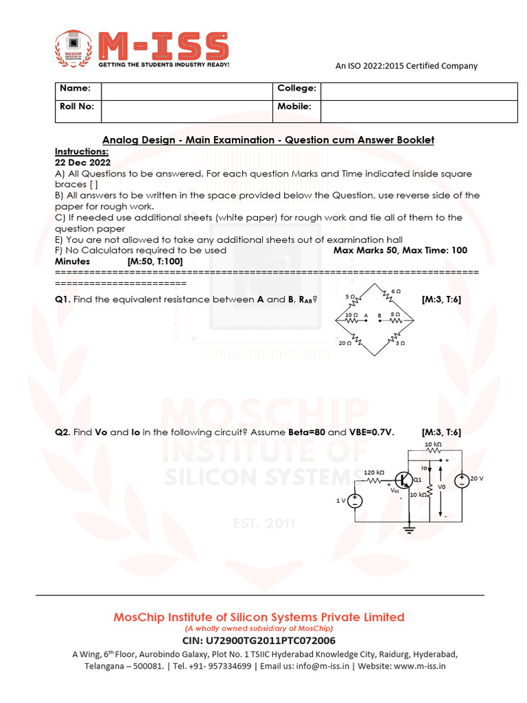 Analog Design Model Exam Paper Mains M ISS | PDF | Electrical Circuits | Electric Power