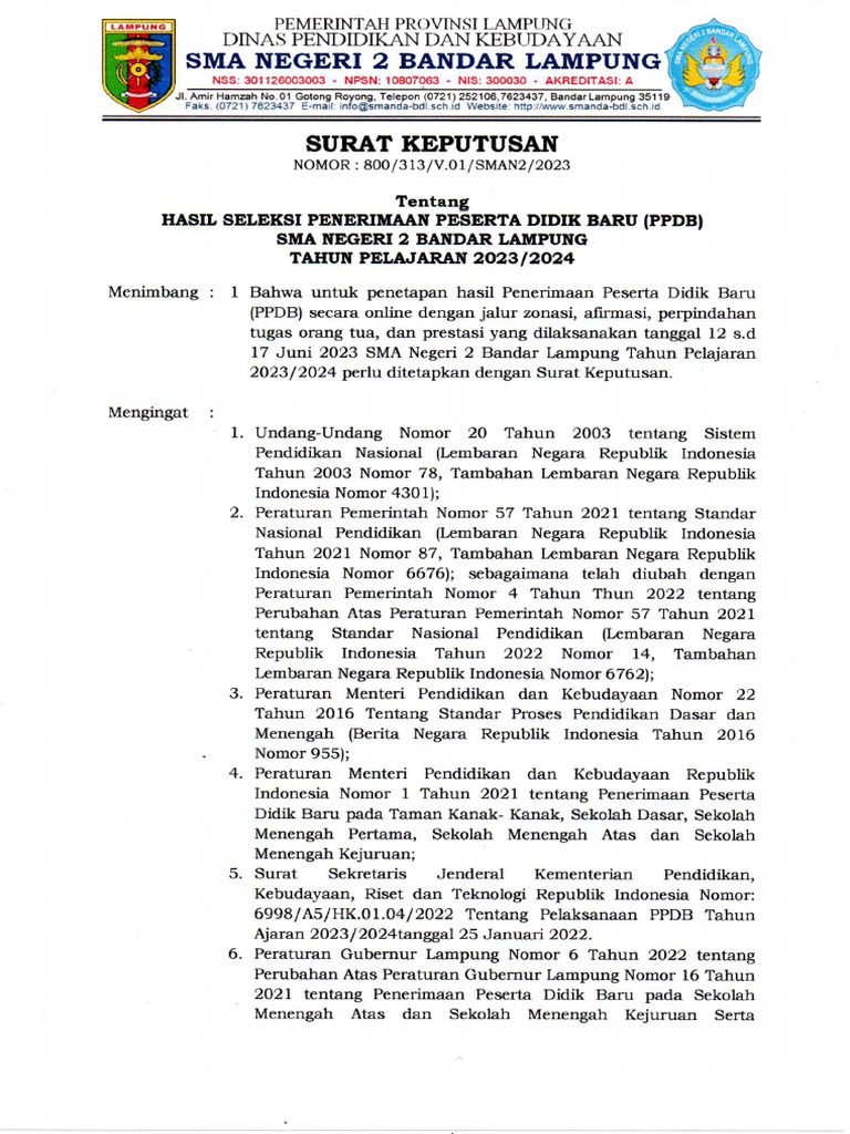 SK Hasil PPDB 2023 Fix | PDF