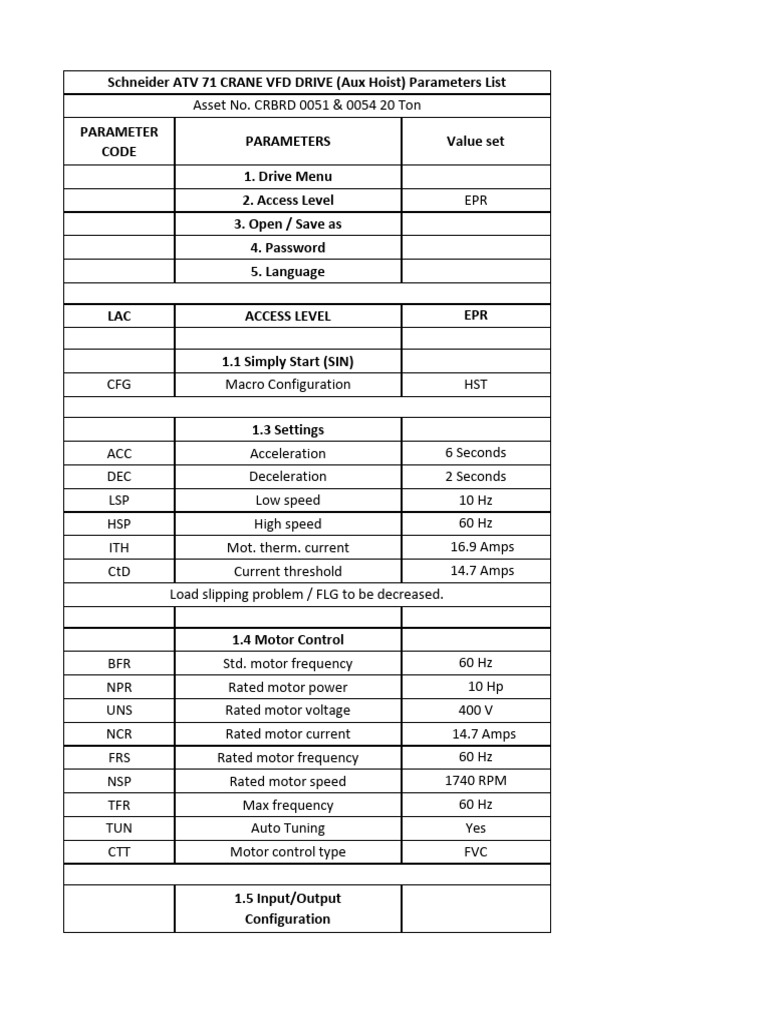 Aux Hoist VFD Parameters | PDF | Electronic Circuits | Physical Quantities