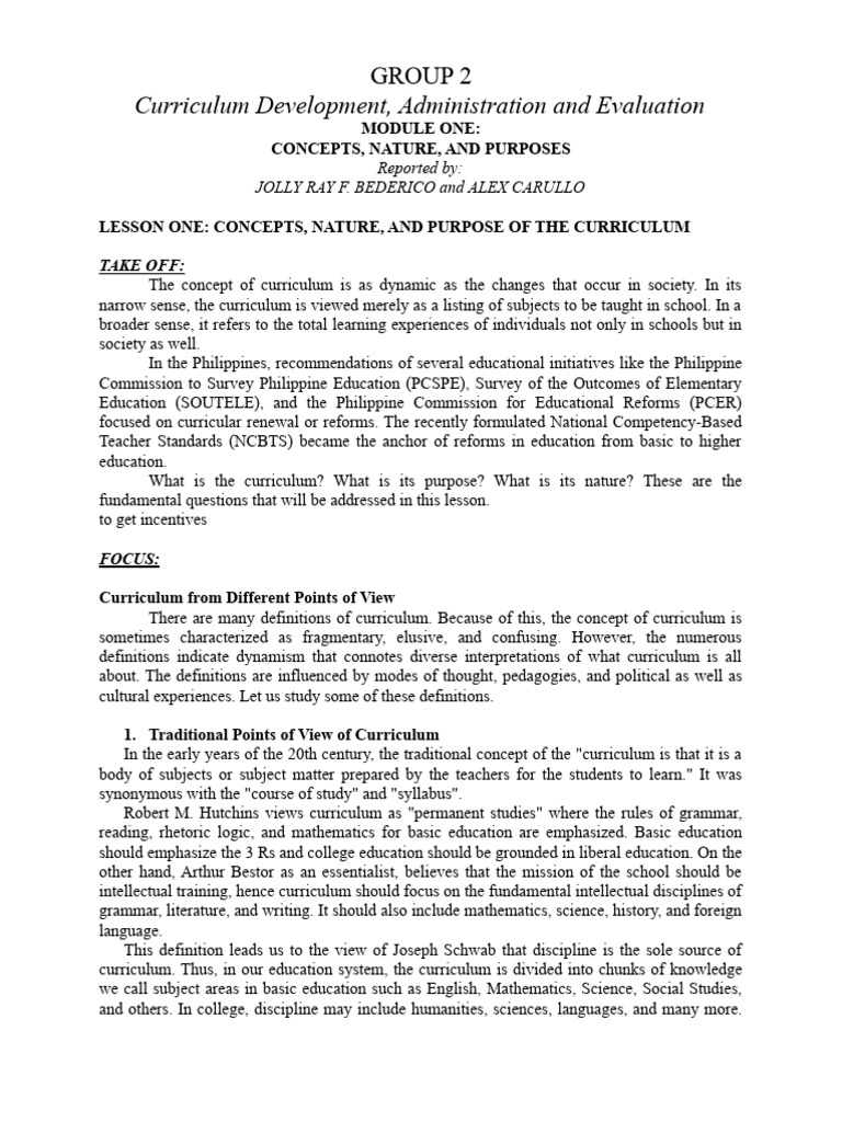 CurDev Report Module1 Lesson1 Concept Nature and Purposes of Curriculum Bederico and Carullo ...