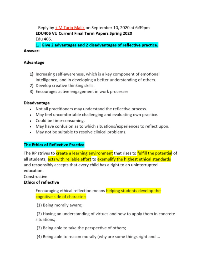 Edu406 Final | PDF | Reflective Practice | Thought