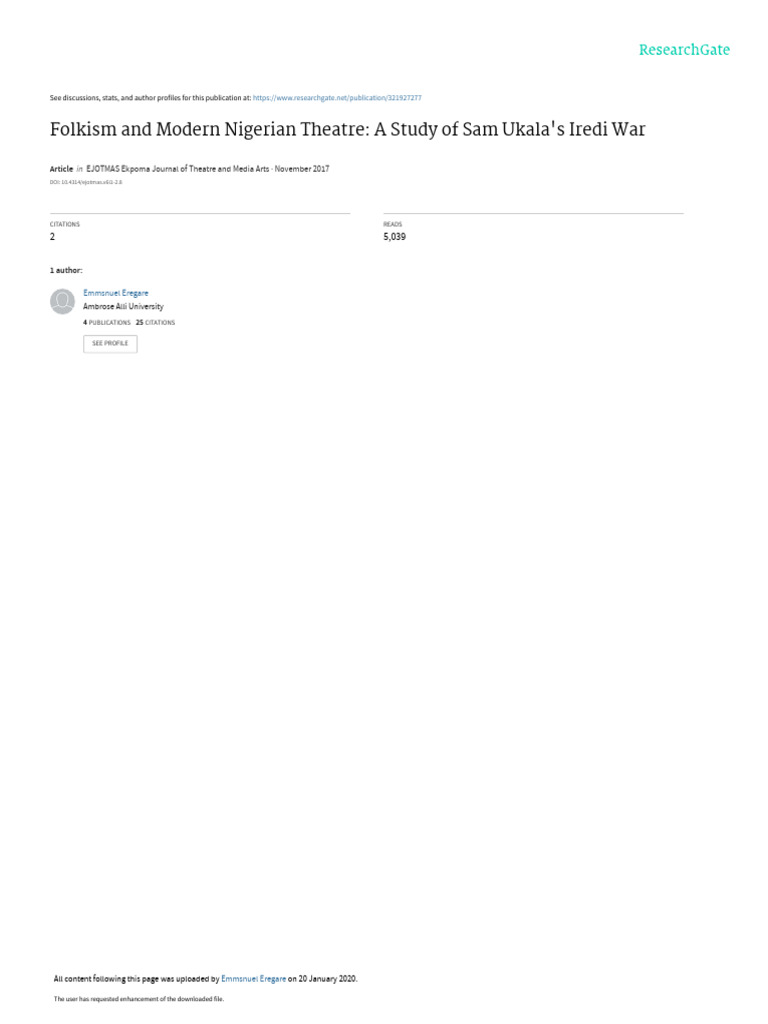 Folkism and Modern Nigerian Theatre A Study of Sam | PDF | Narrative ...