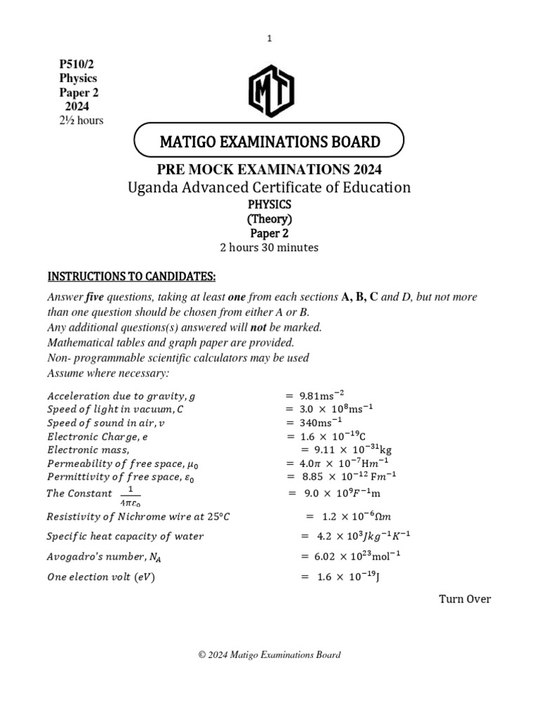 Matigo Pre Mock Physics Pp2 2024 | PDF | Capacitor | Physical Phenomena