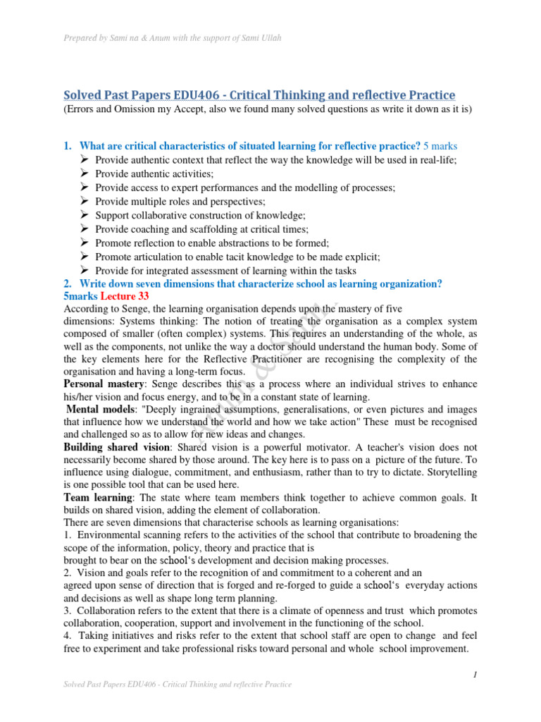 Edu406 Solved Past Final Term Papers | PDF | Reflective Practice ...