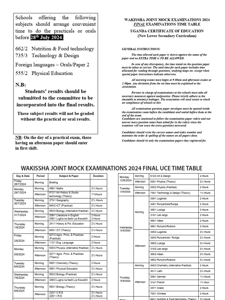 Wakissha 2024 Uce Final Time Table | PDF