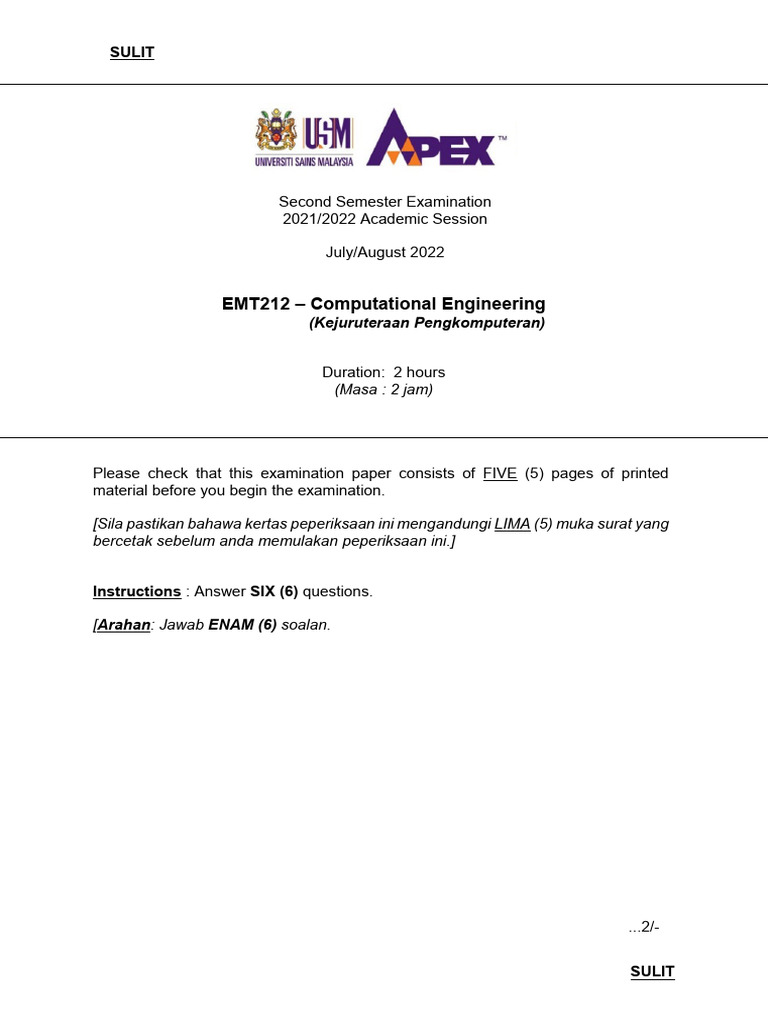EMT212 - Computational Engineering: Second Semester Examination 2021/ ...