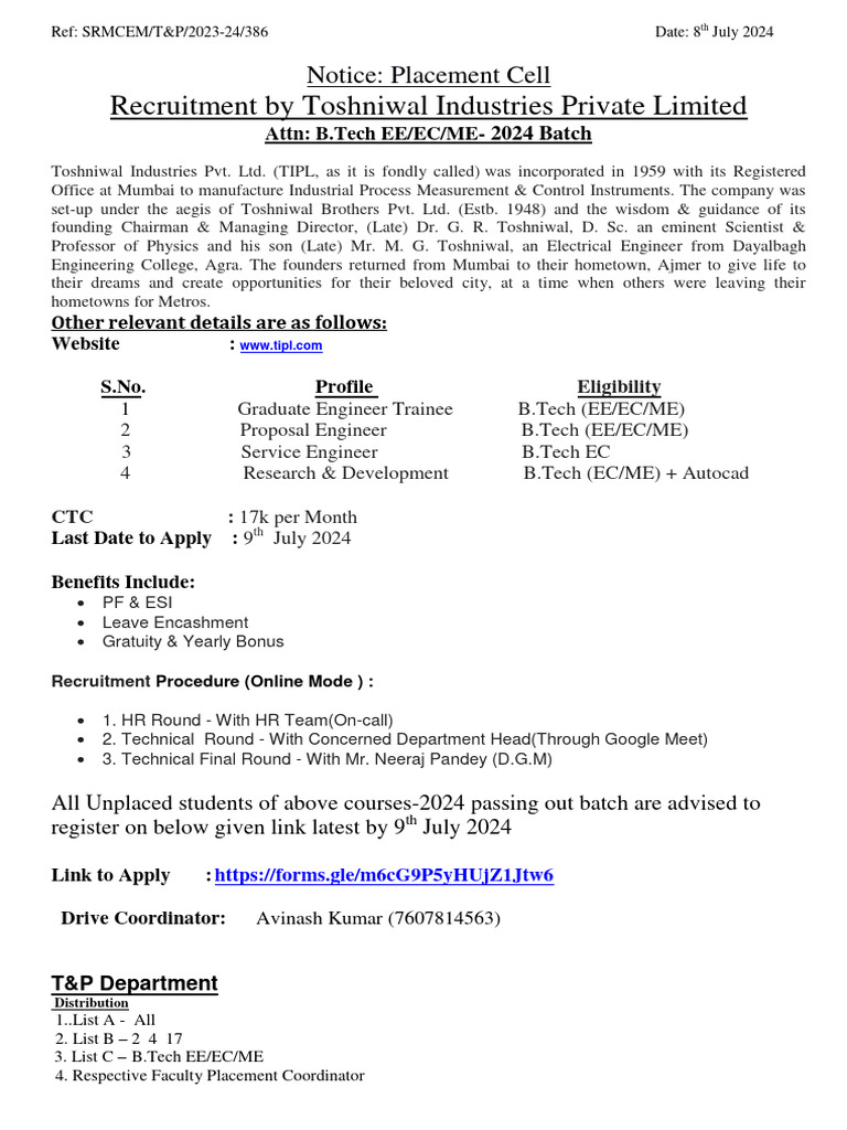 Toshniwal Industries Recruitment Notice | PDF