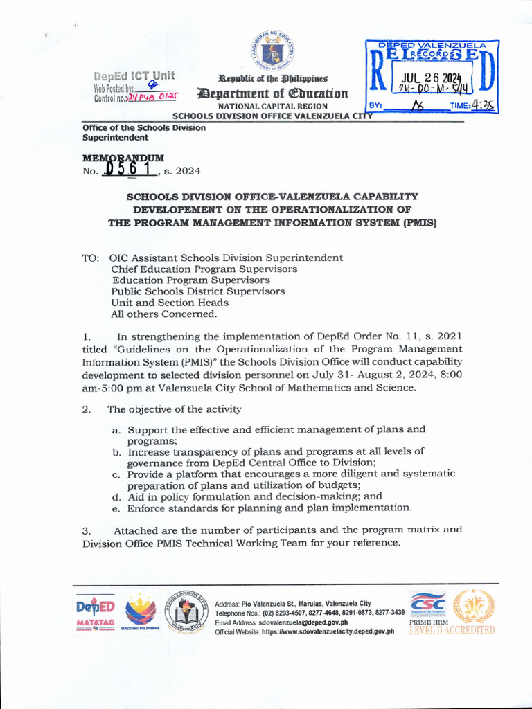 DM 0561 S. 2024 Schools Division Office Valenzuela Capability ...