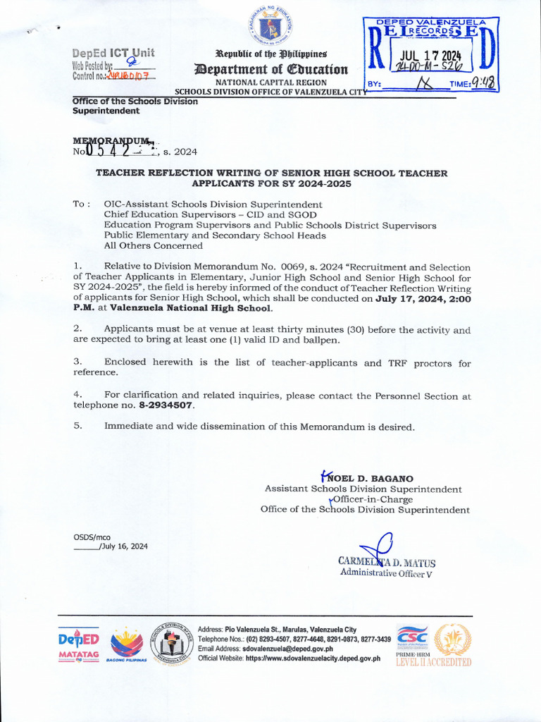 DM 0542 S. 2024 Teacher Reflection Writing of Senior High School ...