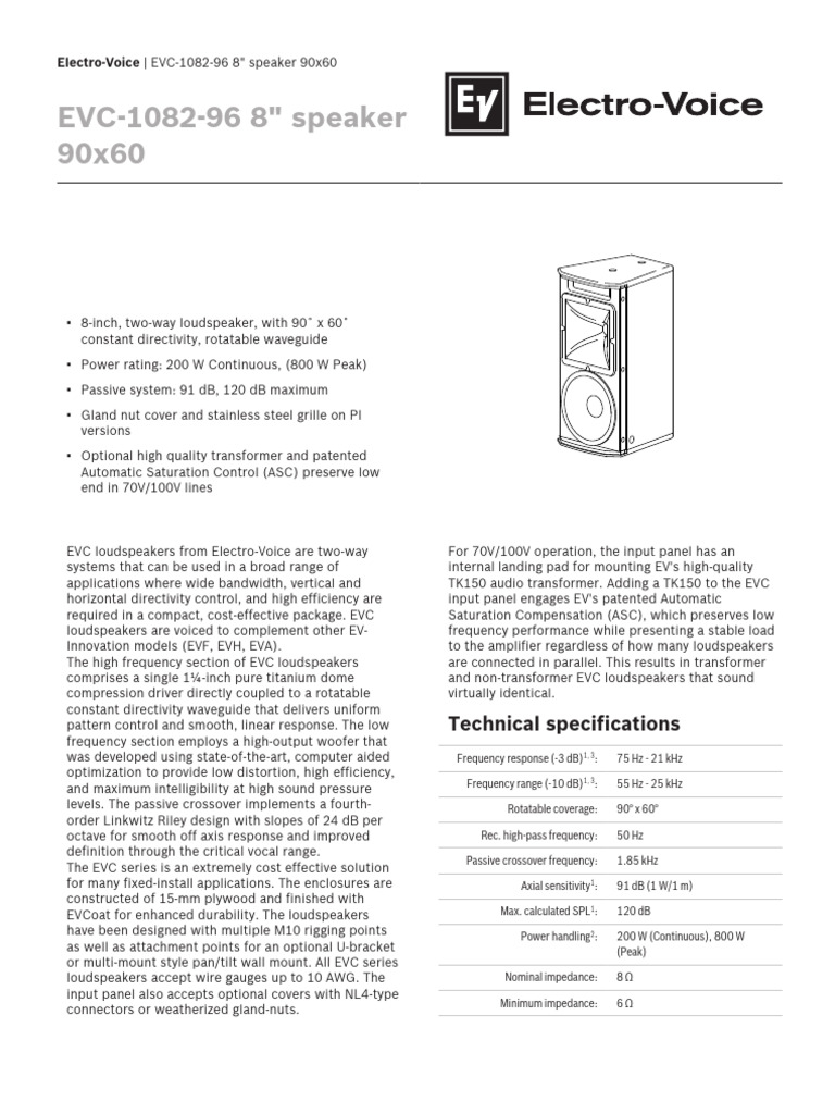 EVC-1082-96 8" Speaker 90x60: Technical Specifications | PDF | Loudspeaker | Electronic Engineering