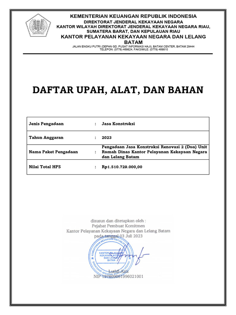 Daftar Upah Alat Dan Bahan | PDF