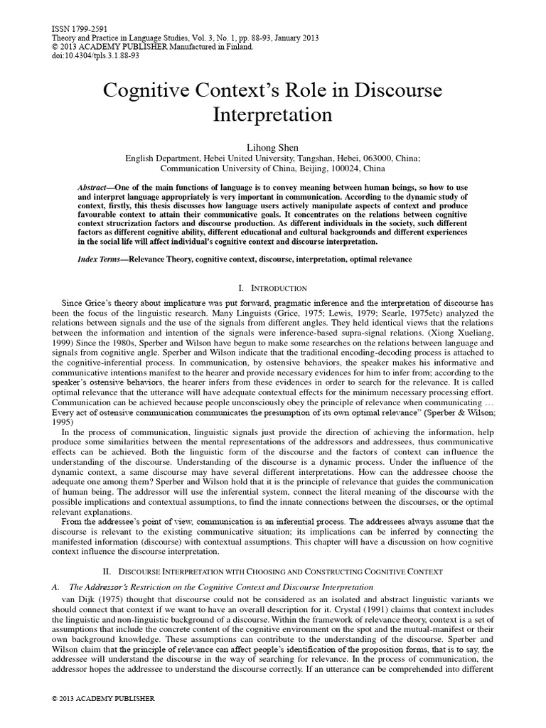 Cognitive Context S Role in Discourse Interpretation: Lihong Shen | PDF | Relevance | Linguistics