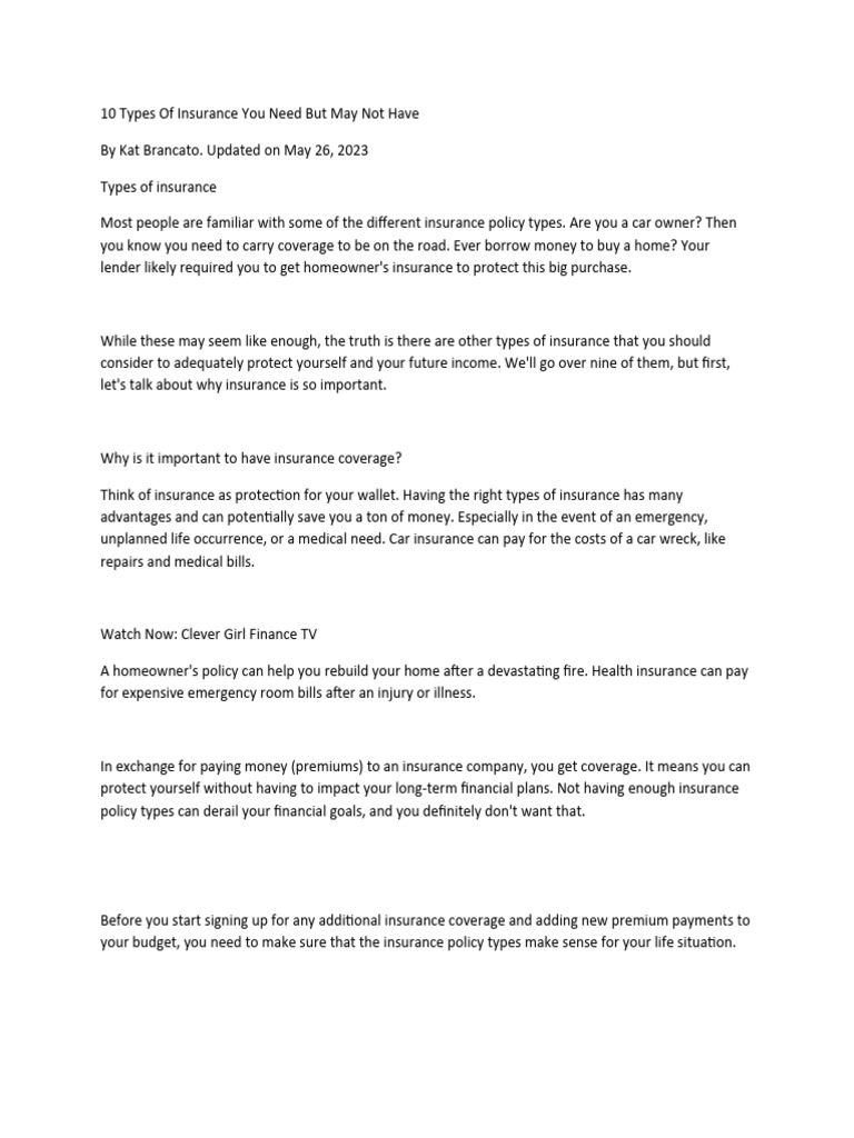 10 Types of Insurance You Need But May Not Have | PDF | Life Insurance ...
