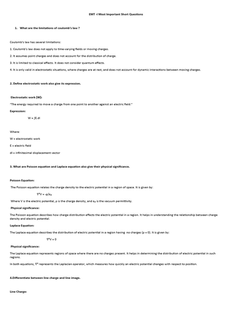 Emt Short Questions | PDF | Dielectric | Electrostatics