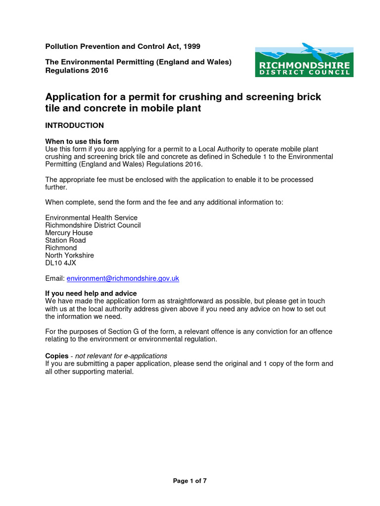 Application For A Permit For Crushing and Screening Brick Tile and Concrete in Mobile Plant ...