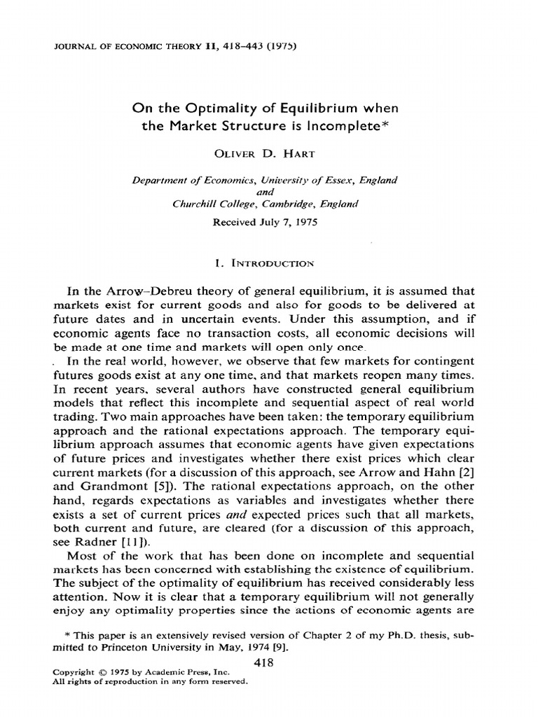 Hart On The Optimality Of Equilibrium When The Market Structure In