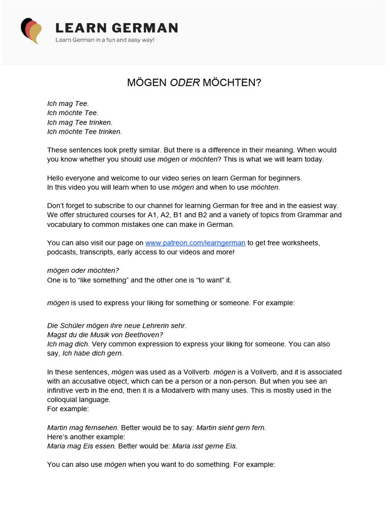 Common Mistakes in German - Mögen Oder Möchten | PDF | Languages ...