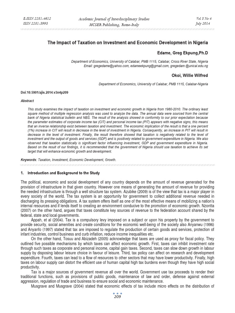 Impact of Taxation On Investment and Economic Development in Nageria ...