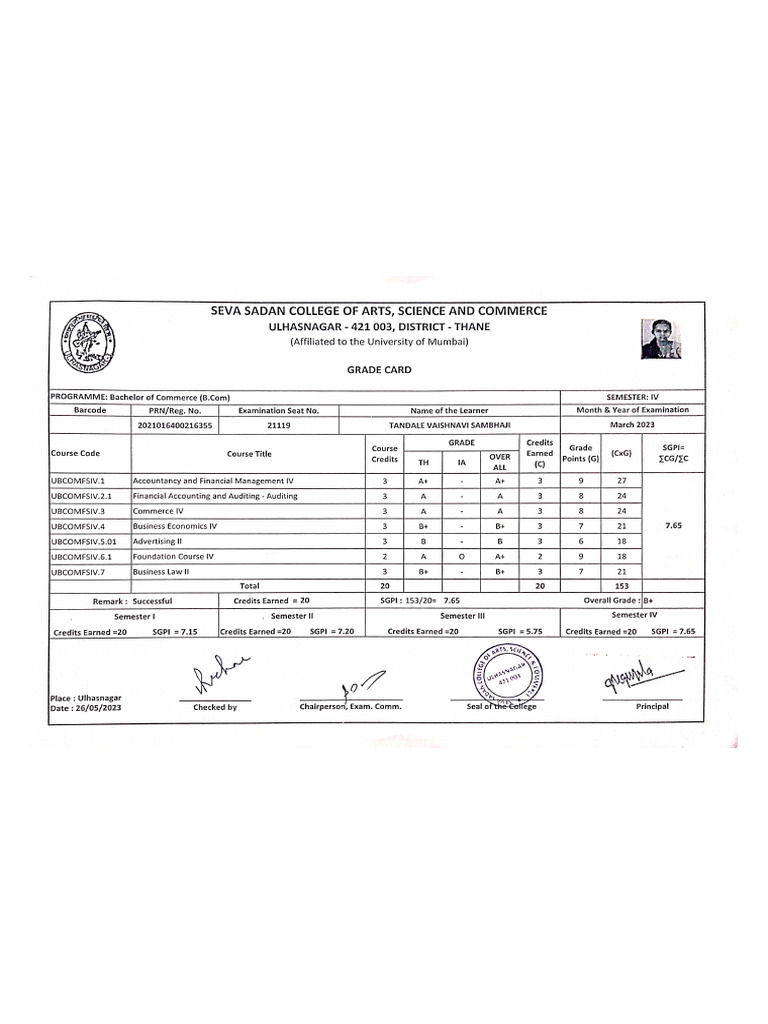 Sem 4 Marksheet | PDF