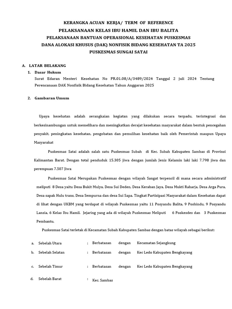 2.1 TOR Dan RAB Pelaksanaan Kelas Ibu Hamil Dan Ibu Balita PKM Sungai Kelambu 2025 | PDF