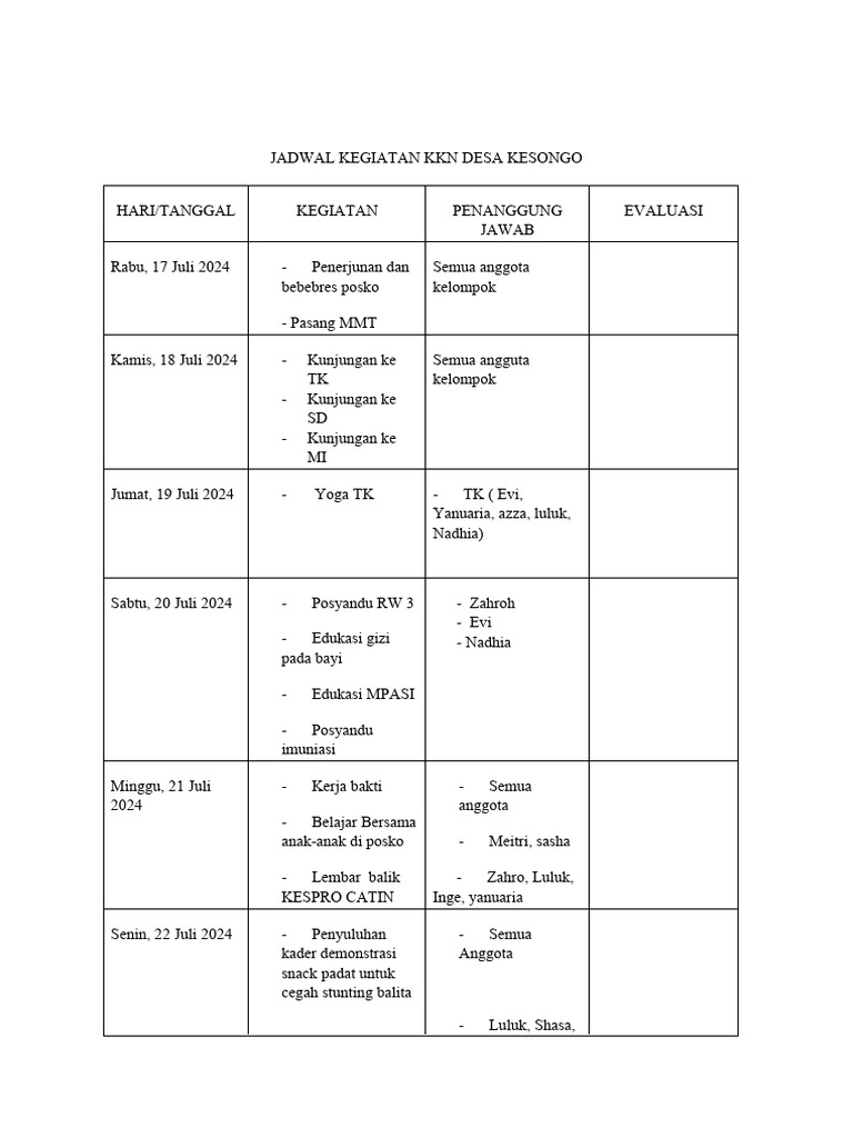 Jadwal Kegiatan KKN | PDF