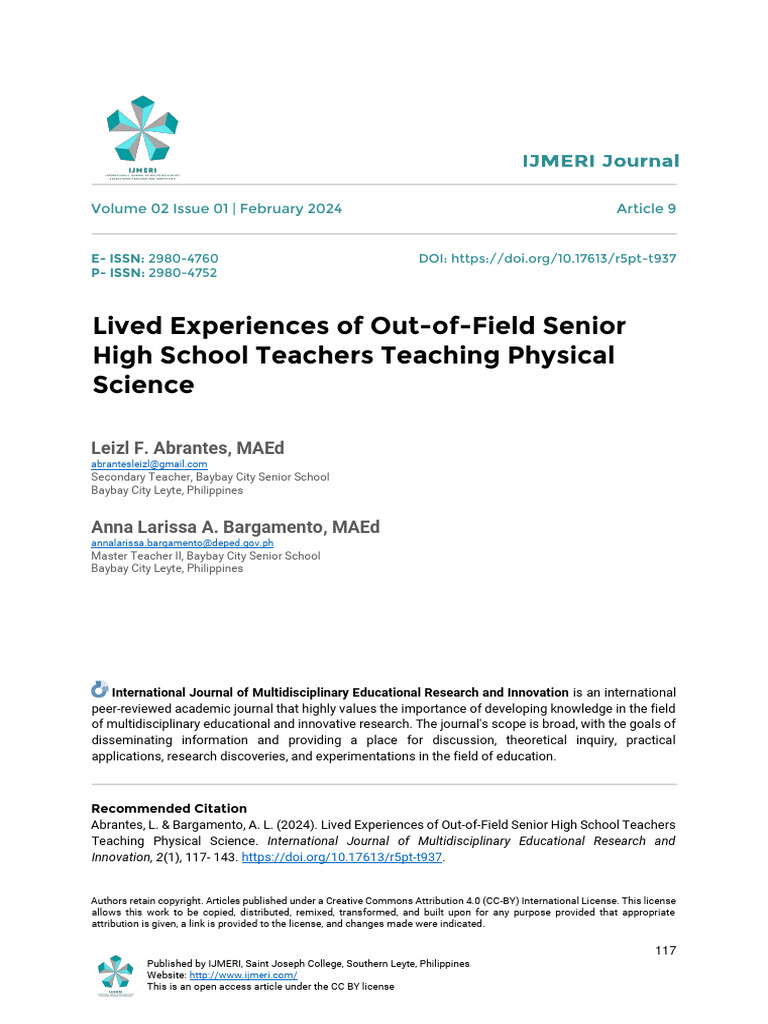 Lived Experiences of Out-of-Field Senior High School Teachers Teaching ...