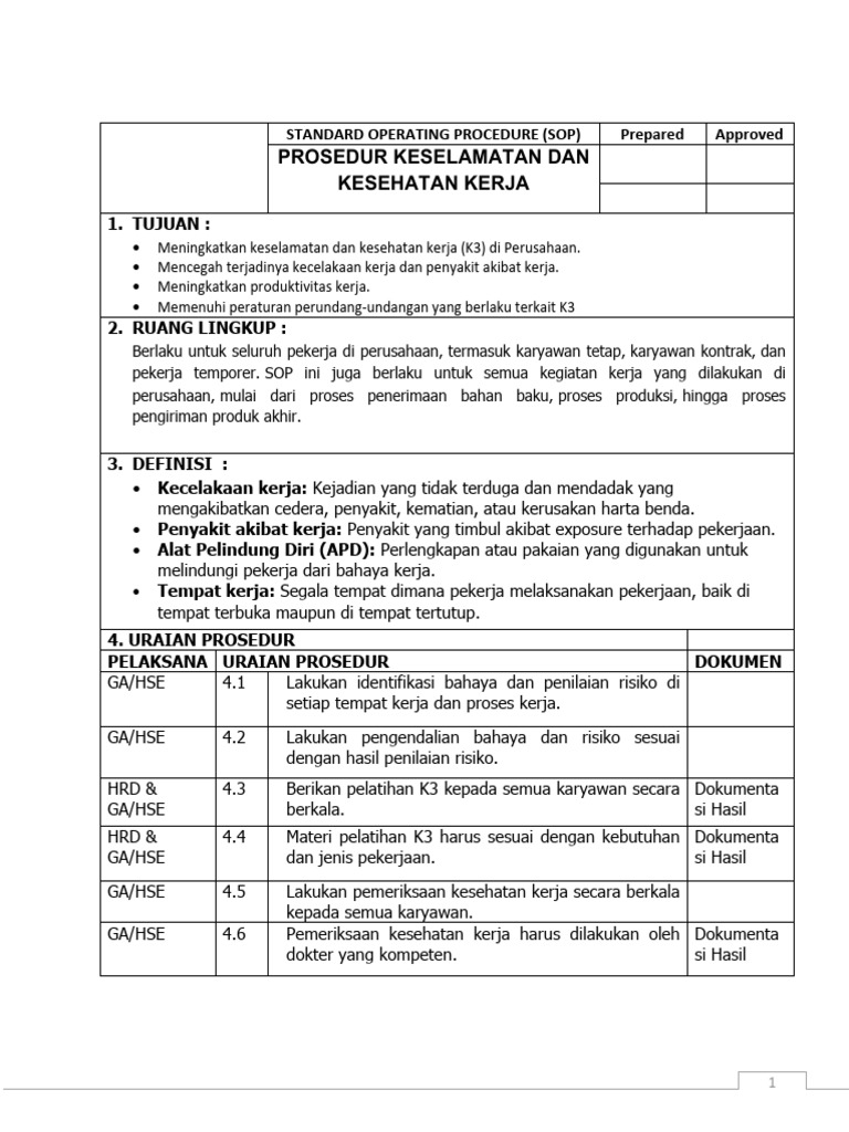 SOP KESELAMATAN DAN KESEHATAN KERJA | PDF