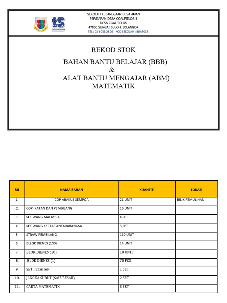 BORANG STOK BBM PANITIA MATEMATIK | PDF