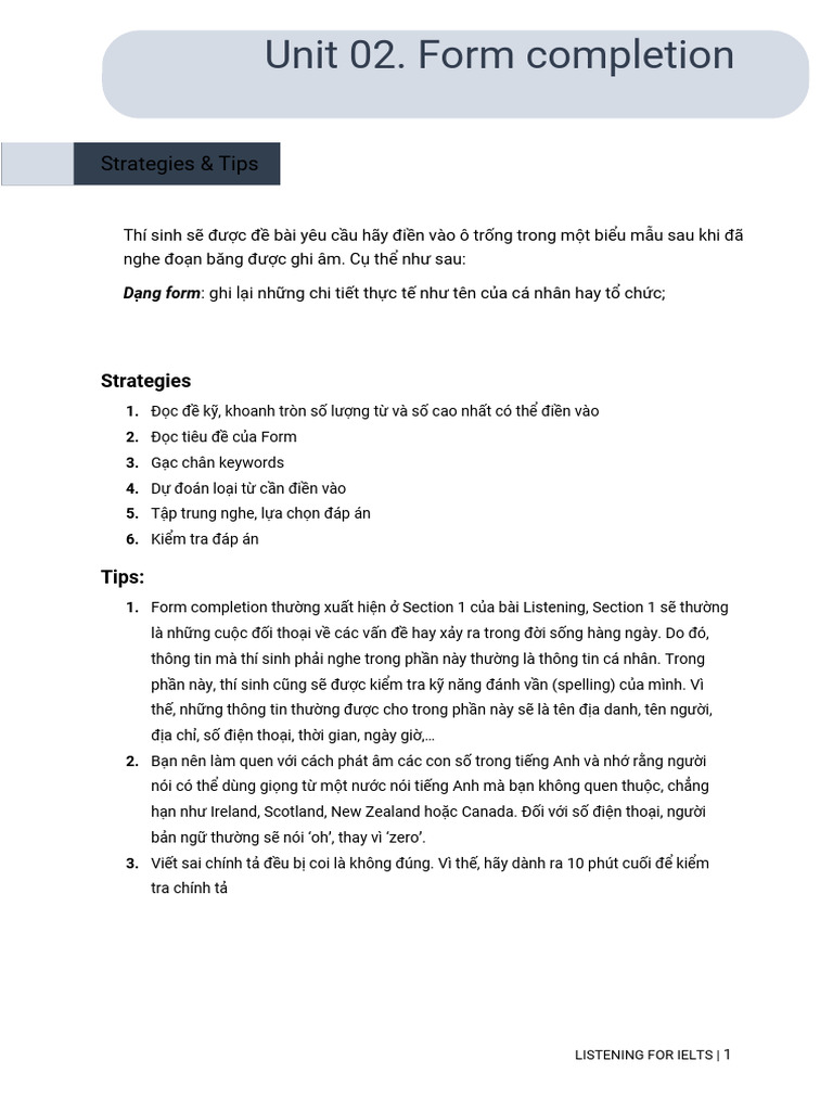 Listening - Unit 2. Form Completion | PDF