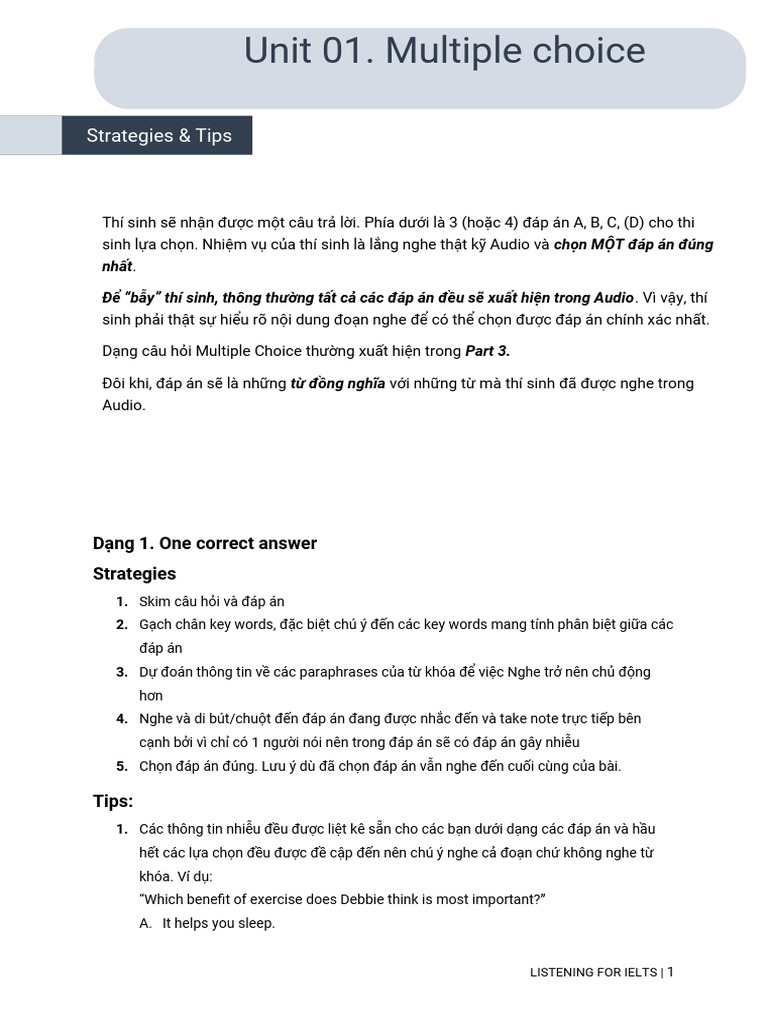 Listening - Unit 1. Multiple Choice | PDF