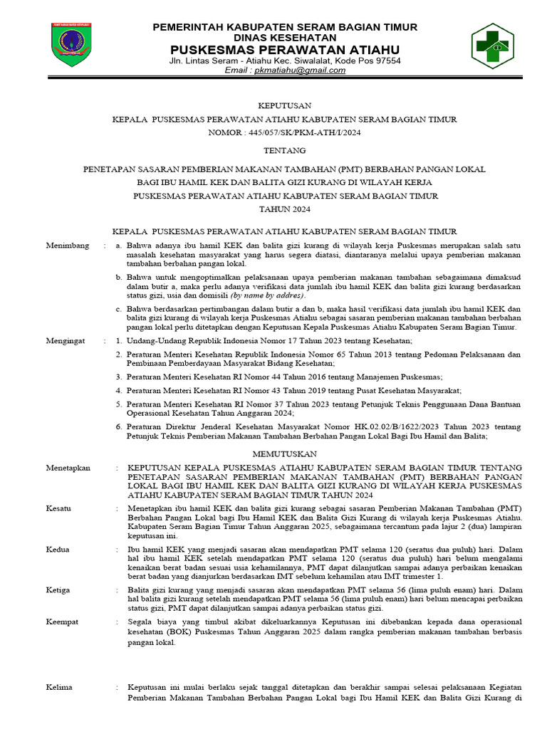 Draft SK Penetapan Sasaran PMT Lokal PKM | PDF