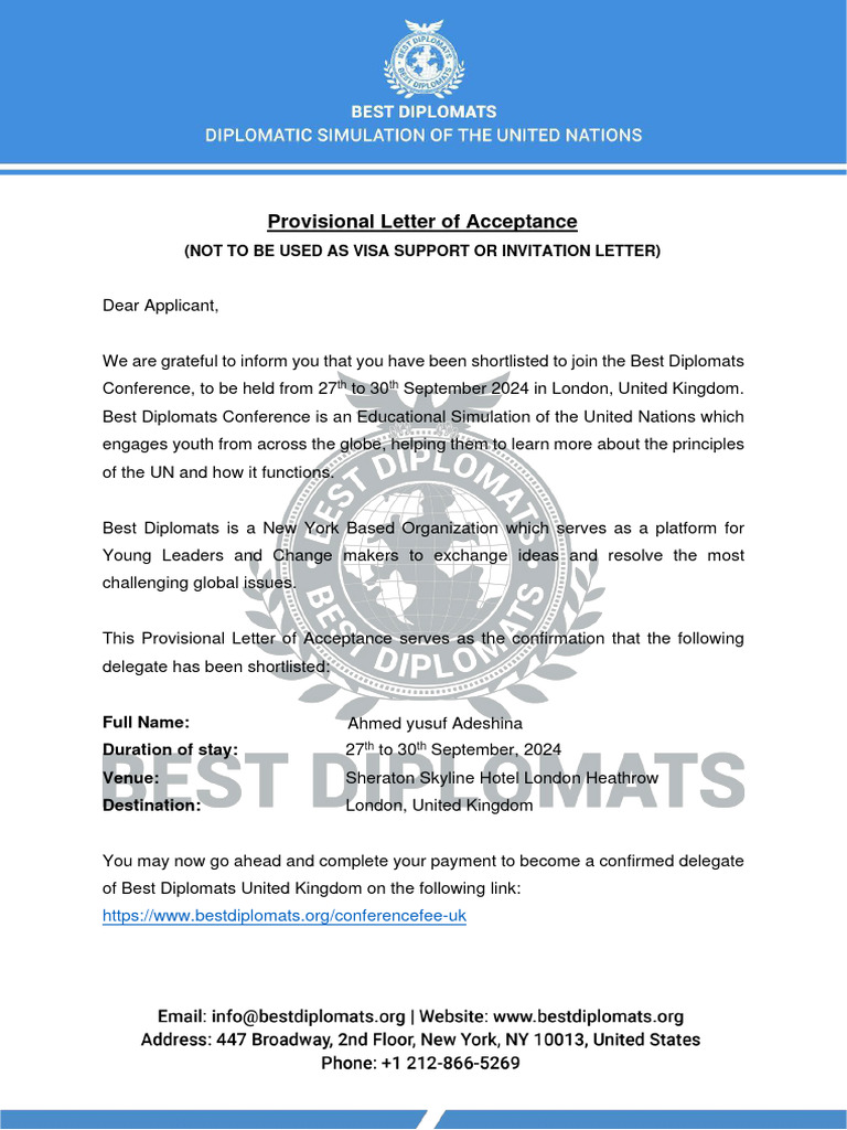 LOA - Ahmed Yusuf Adeshina | PDF | Travel Visa | International Relations