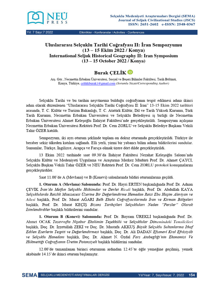 Uluslararas - Sel - Uklu Tarihi Co - Rafyas - II - Ran Sempozyumu (13 - 15 Ekim 2022 - Konya ...