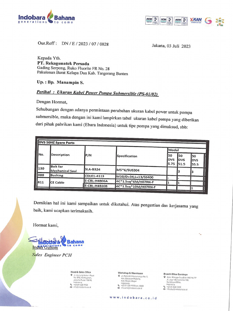 Surat Konfirmasi Ukuran Kabel Pompa Submersible GKT PIK 2 | PDF