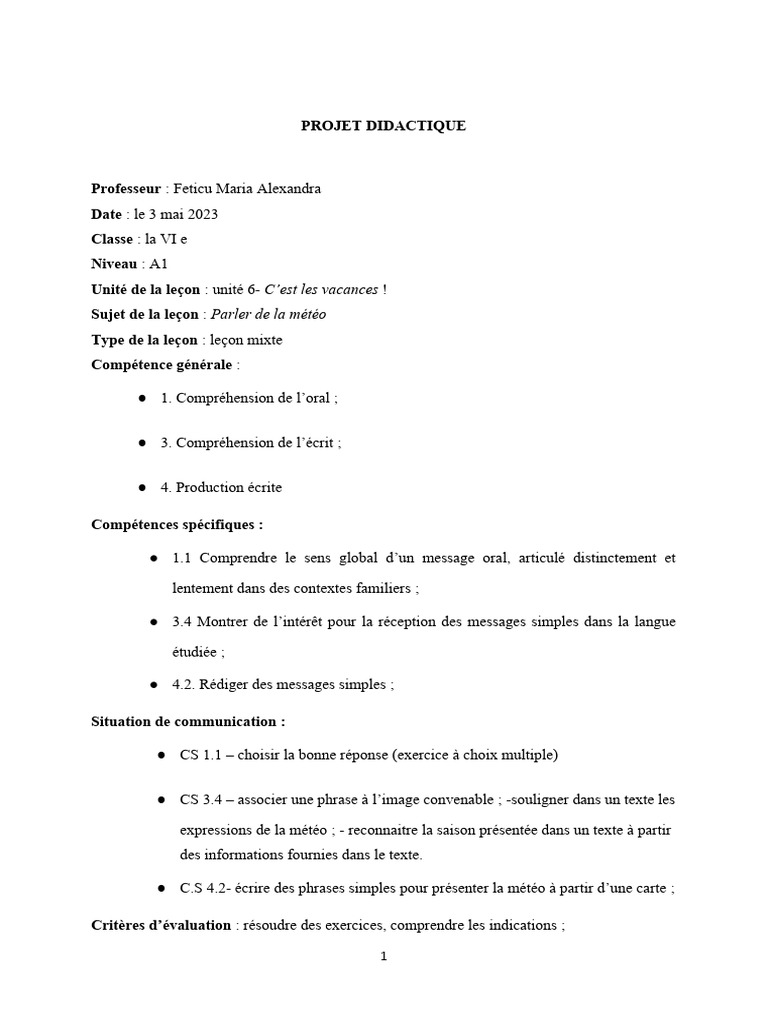 1 - Projet Didactique - Parler de La Météo | PDF