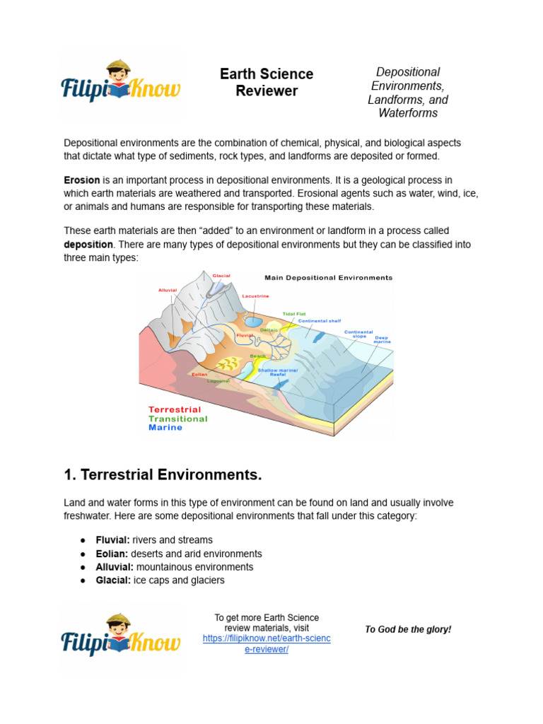 Earth Science Reviewer Depositional Environments Landforms and Waterforms | PDF | Erosion | River