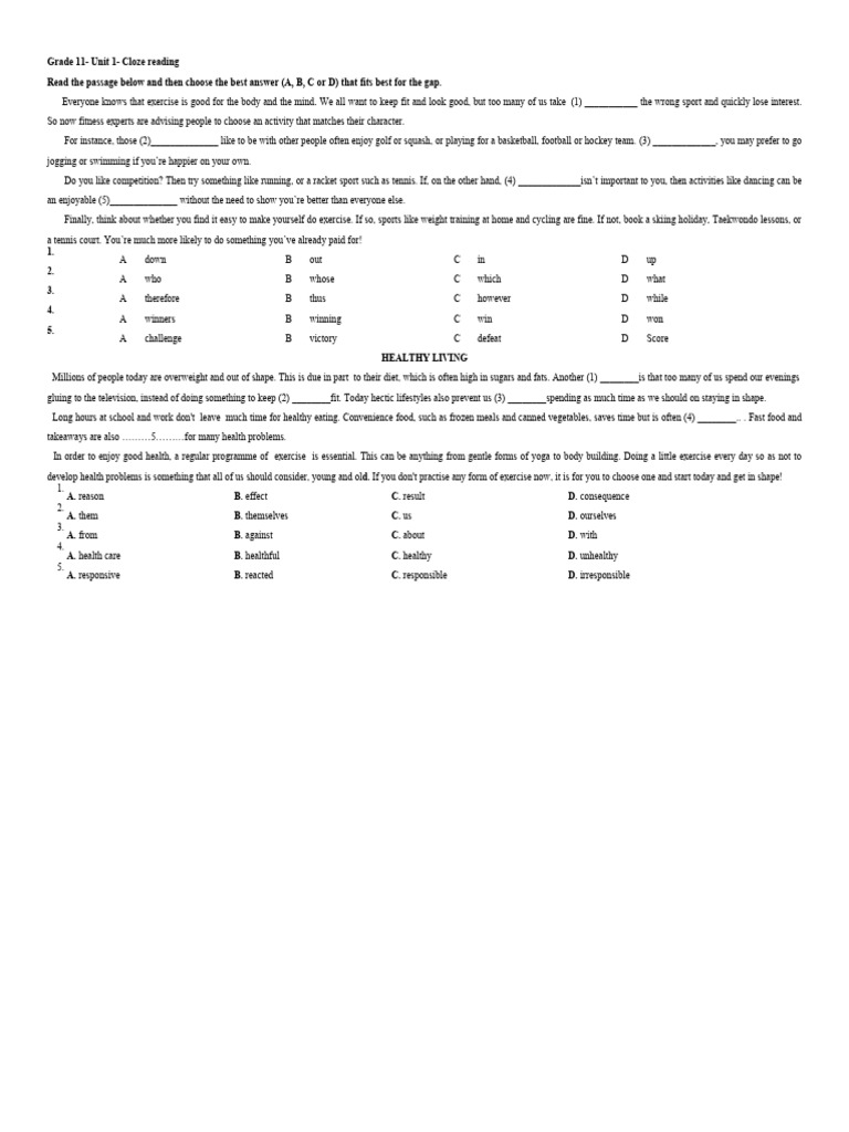 Grade 11- Unit 1- Cloze Reading -Gv - Edited- Hs | PDF | Dieting ...
