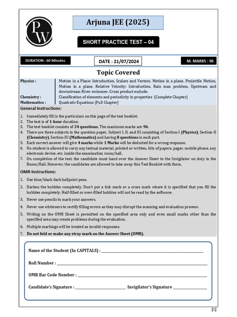 Short Practice Test 04 - Test Paper - Arjuna JEE 2025 | PDF | Physical ...