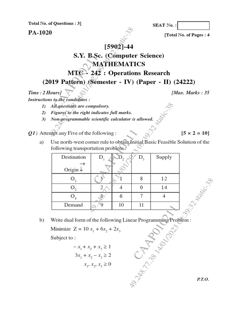 SYBSC (CS) MTC - 242 Operations Research | PDF | Linear Programming ...