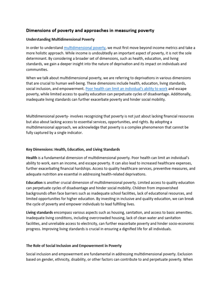 Dimensions of Poverty and Approaches in Measuring Poverty | PDF ...