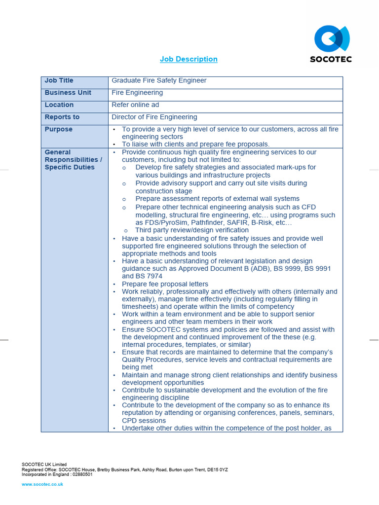 SOCOTEC Graduate Fire Engineer Job Description V3 | PDF | Engineering ...