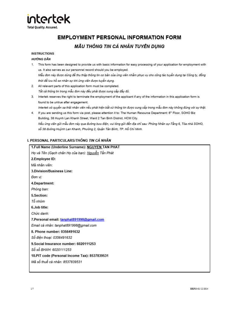 Employment Personal Information Form | PDF