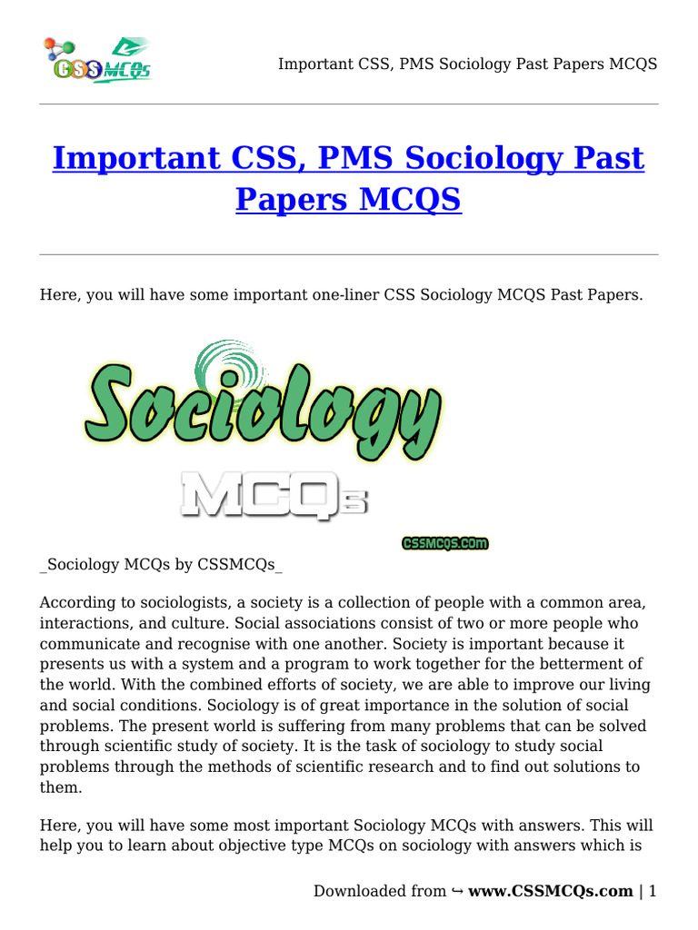 Important CSS, PMS Sociology Past Papers MCQS | PDF | Family | Sociology