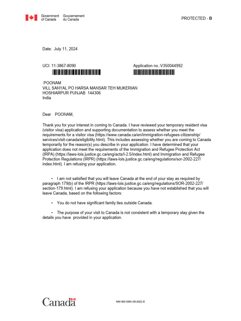 POONAM REFUSAL LETTER | PDF | Travel Visa | Government And Personhood