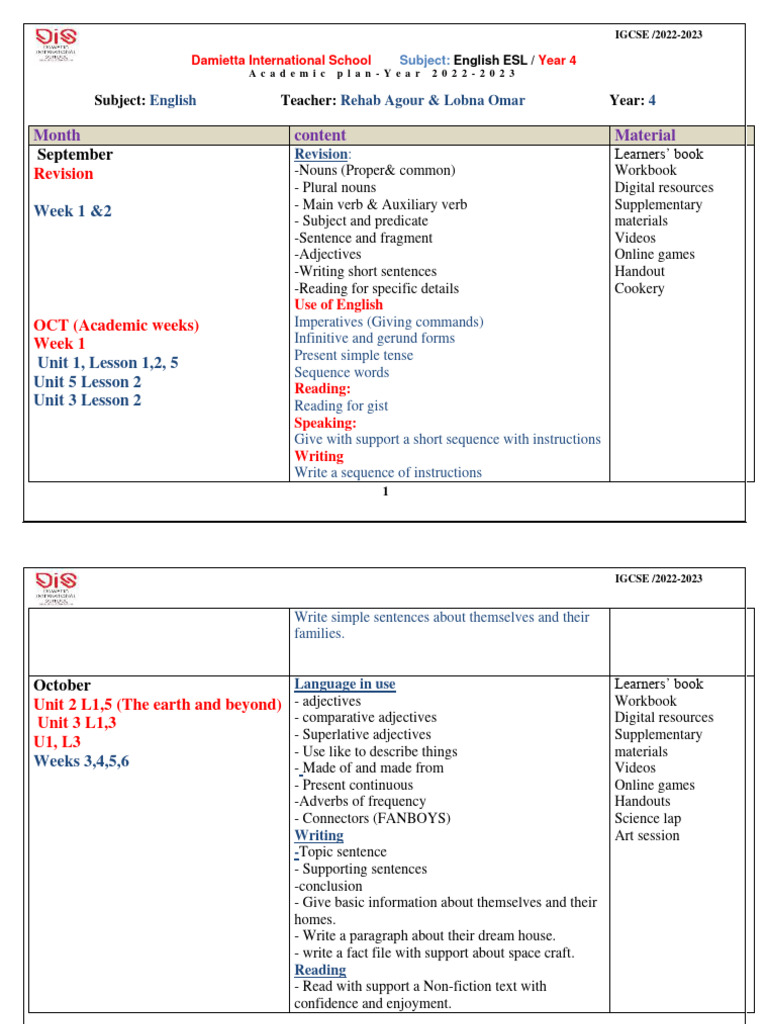 DIS Y4 English Yearly Plan (New) | PDF | English Language | Verb