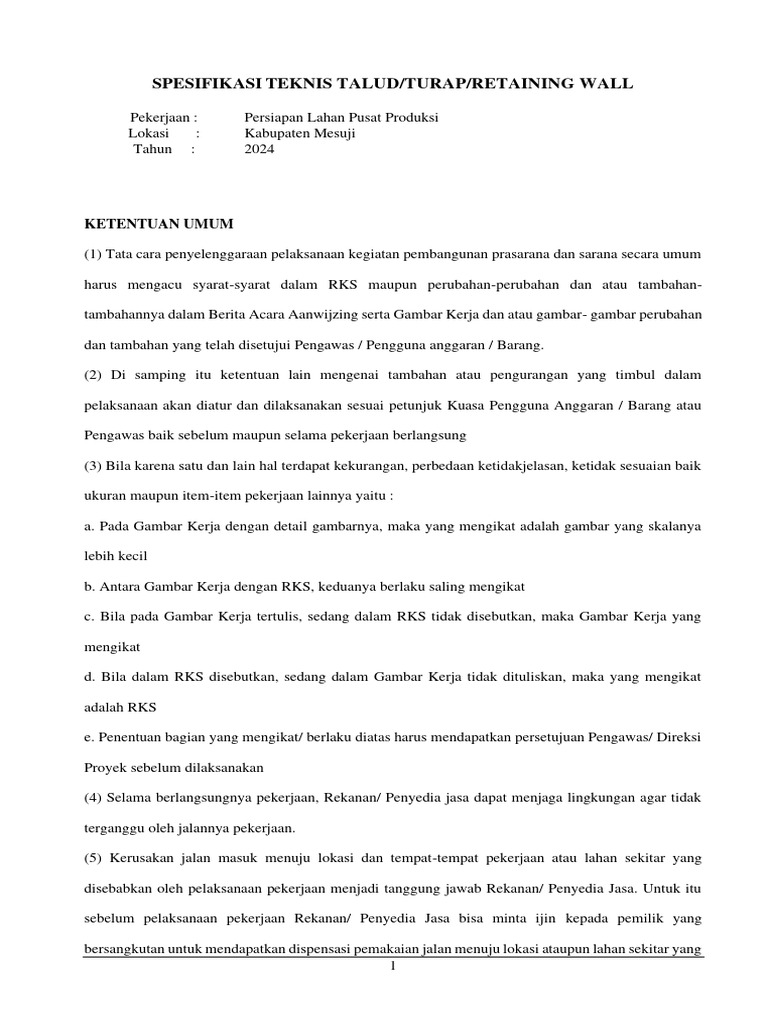 Spesifikasi Teknis Talud | PDF