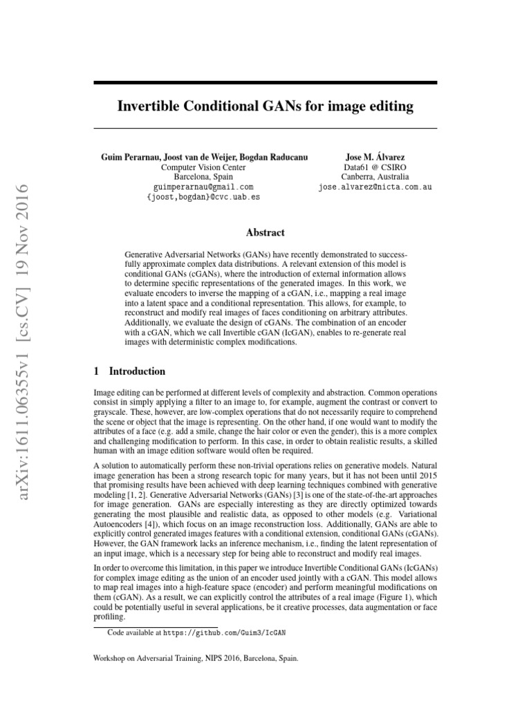 Invertible Conditional GANs For Image Editing | PDF | Applied Mathematics | Cognition