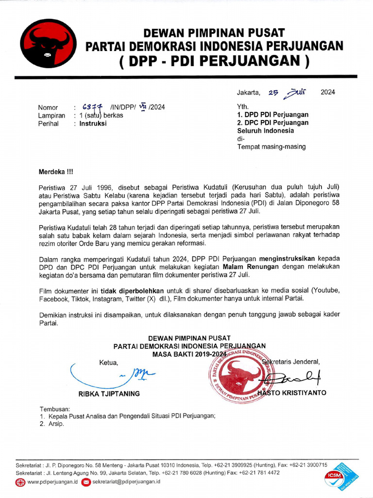 Surat Internal No. 6377 - Instruksi Untuk Melakukan Kegiatan Malam Renungan Peringatan 27 Juli ...