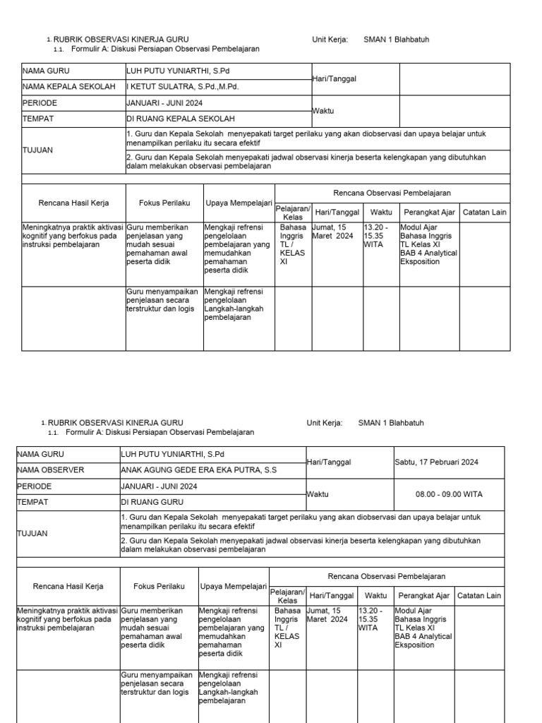 Form Observasi Excel | PDF